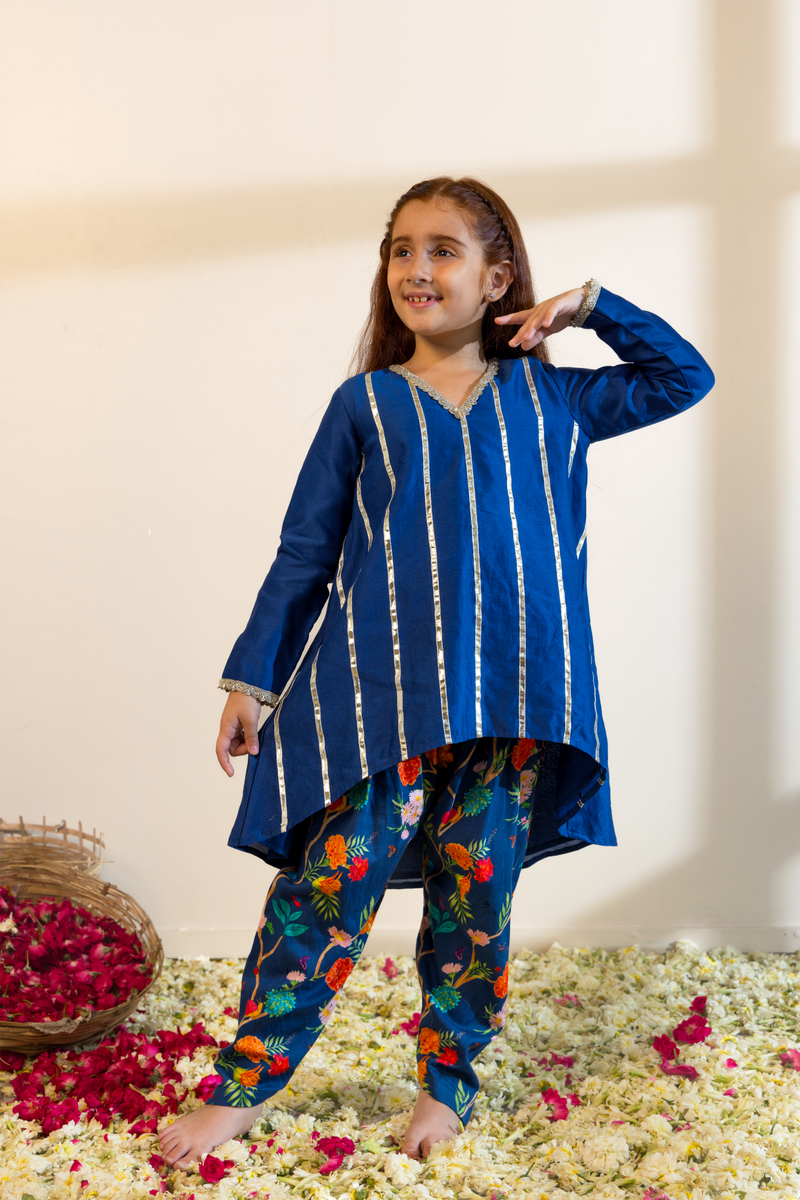 Navy A-Line Kurta With Printed Salwar – Minitrails